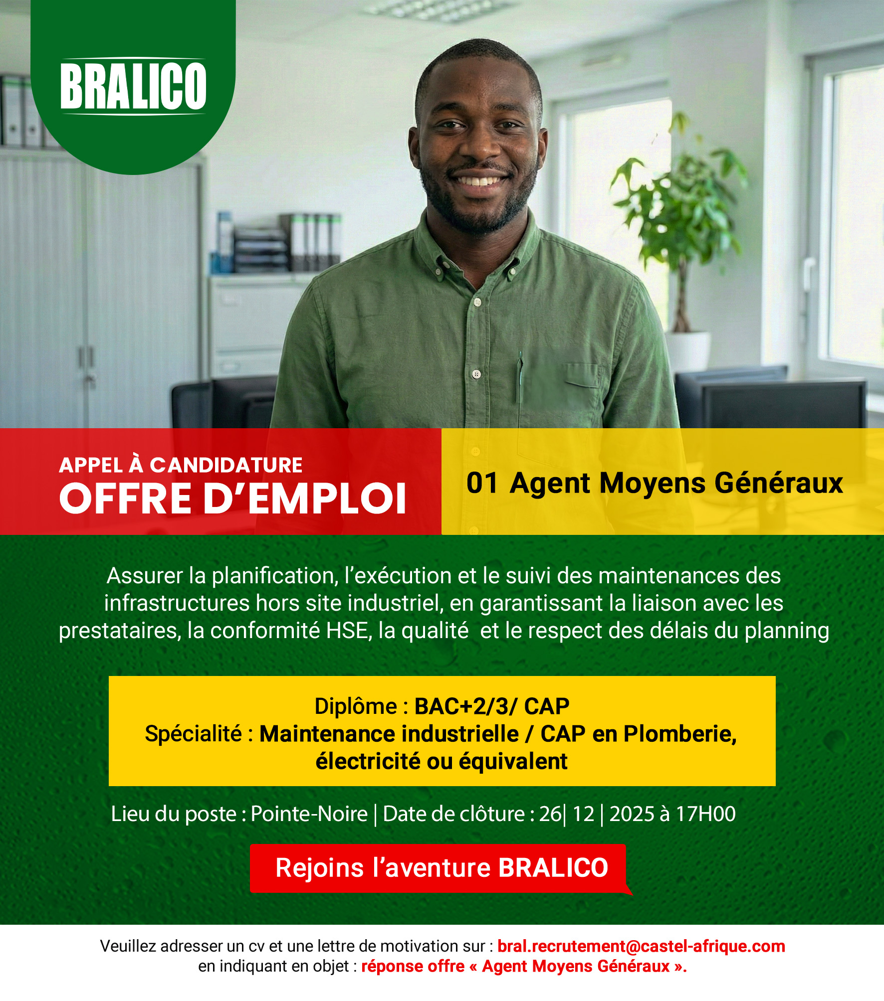 Offre d'emploi : Agent Moyens Généraux | BRALICO